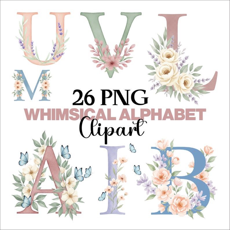 Floral Alphabet Clipart Bundle | Watercolor Flower Letters (26 PNG ...