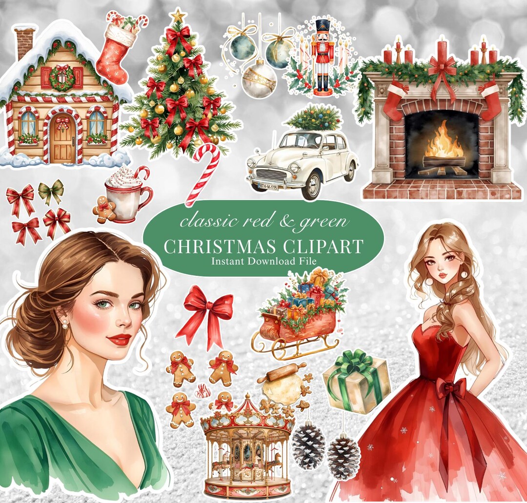 Classic Red & Green Christmas Clipart | Vintage Holiday PNG Bundle ...