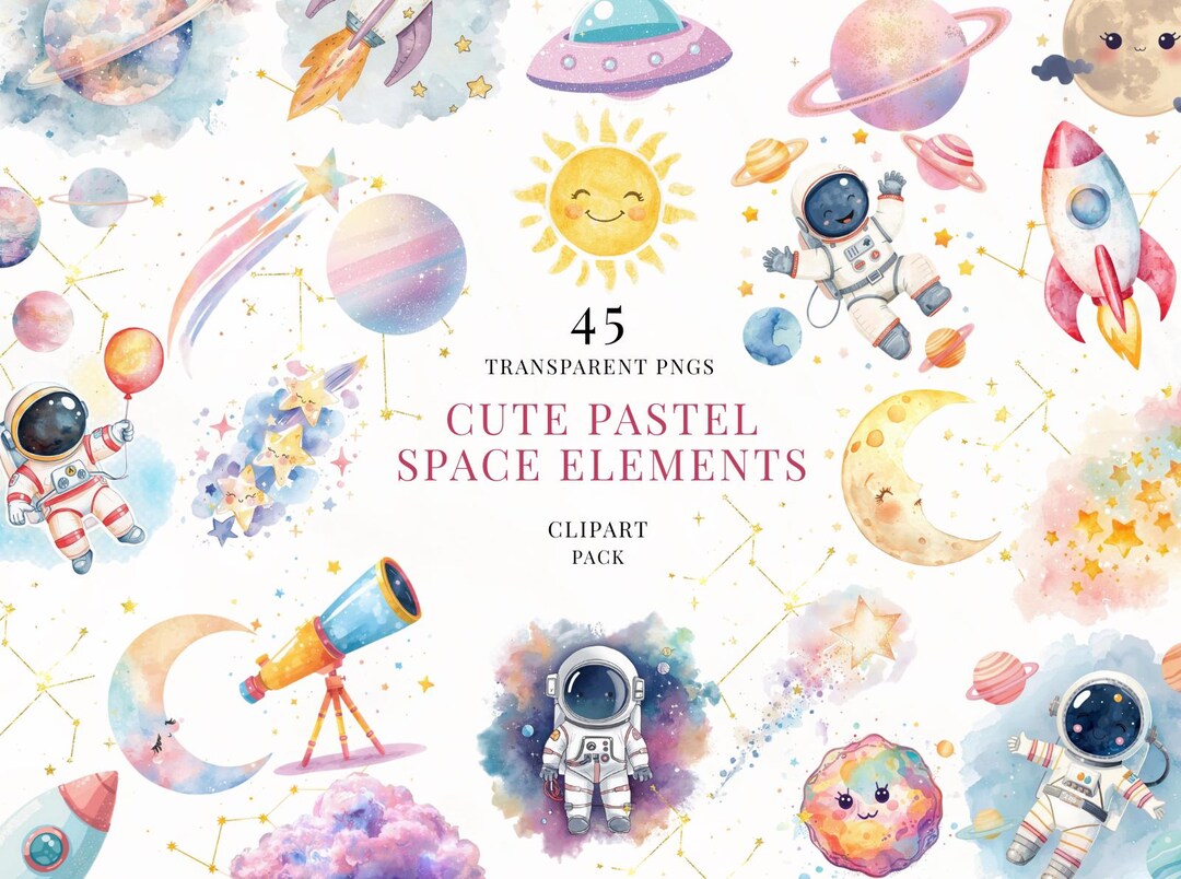 Pastel Outer Space Clipart | Watercolor Elements | Astronaut Rocket ...