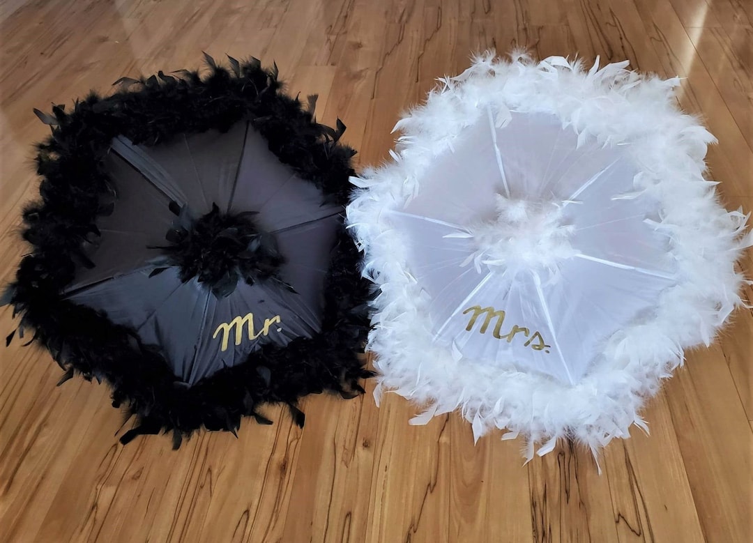 Mr. & Mrs. Wedding Umbrellas - Second Line- Set of 2- Feather Parasols ...