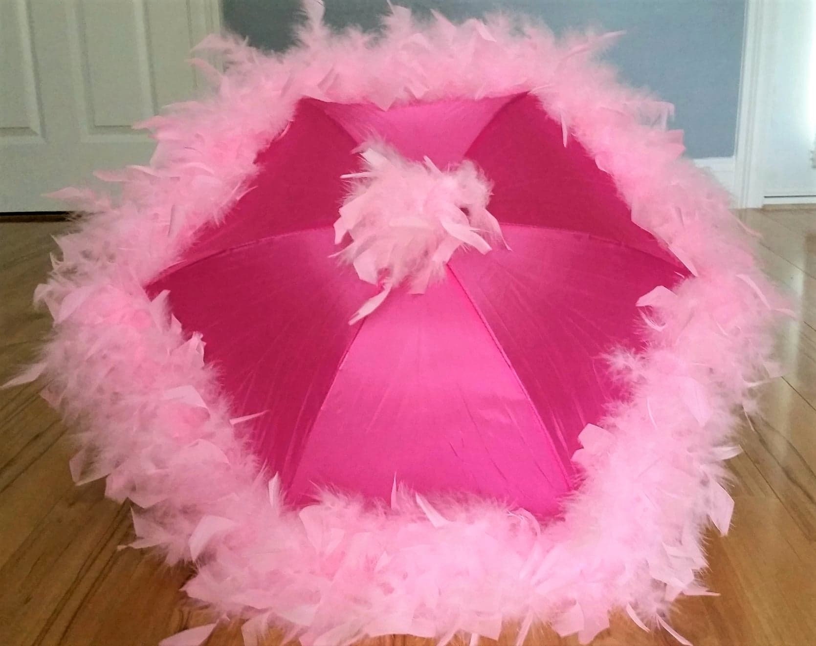Second Line Umbrella Pink Green With Spine Trim and Feather | Etsy