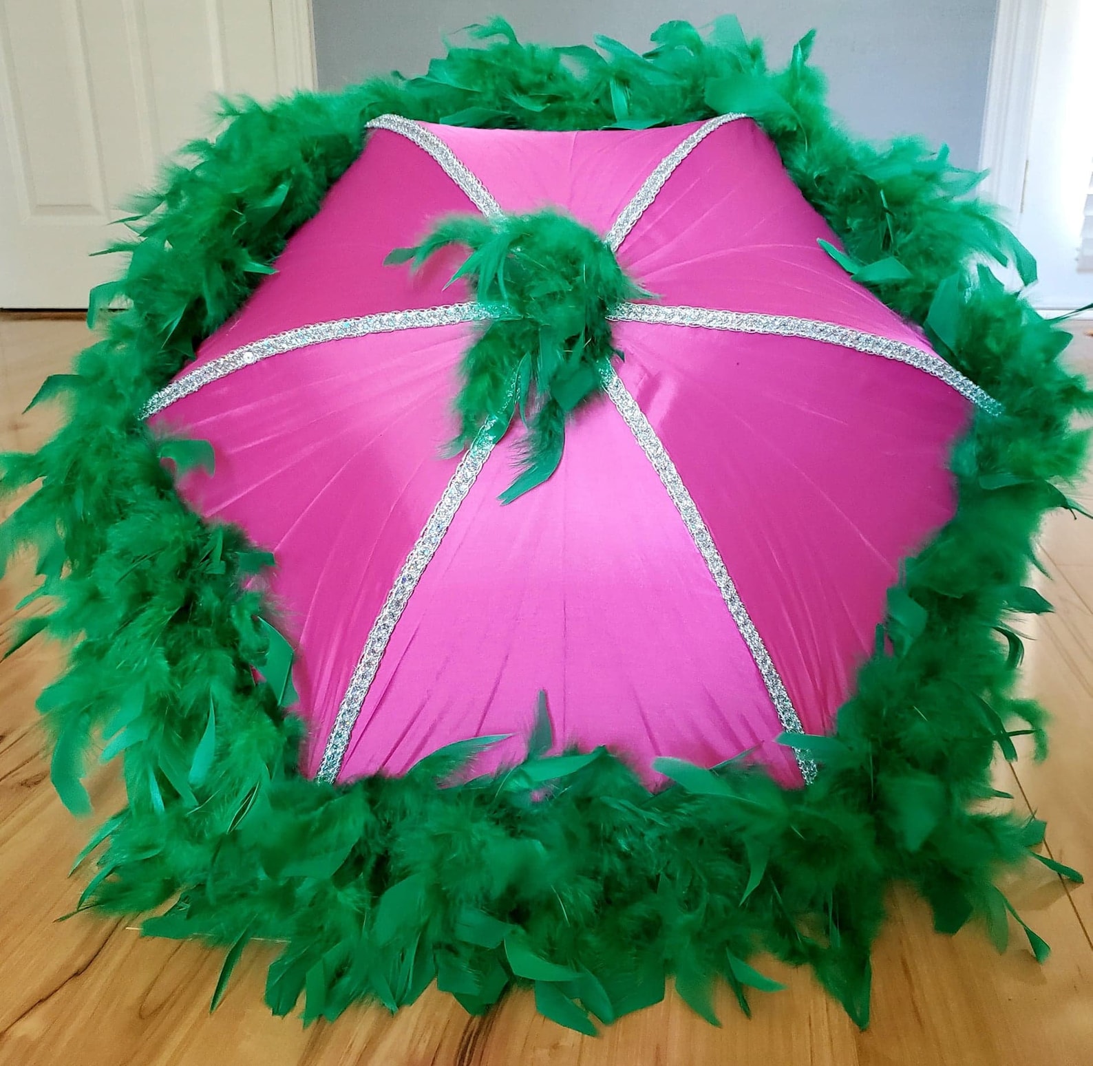 Second Line Umbrella Pink Green With Spine Trim and Feather | Etsy