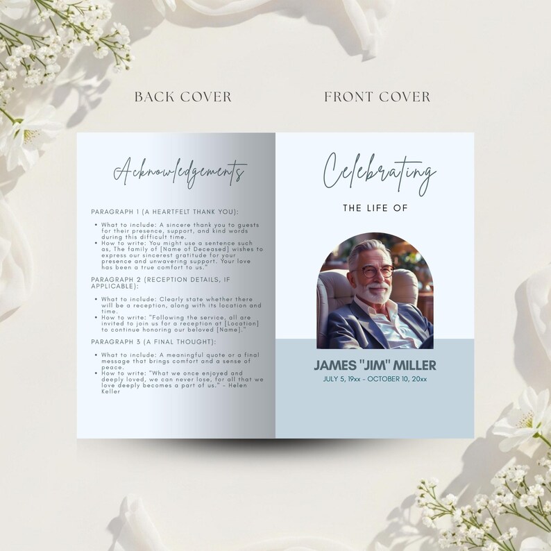 Modern Blue Funeral Program Template: Arch Bifold Celebration of Life ...