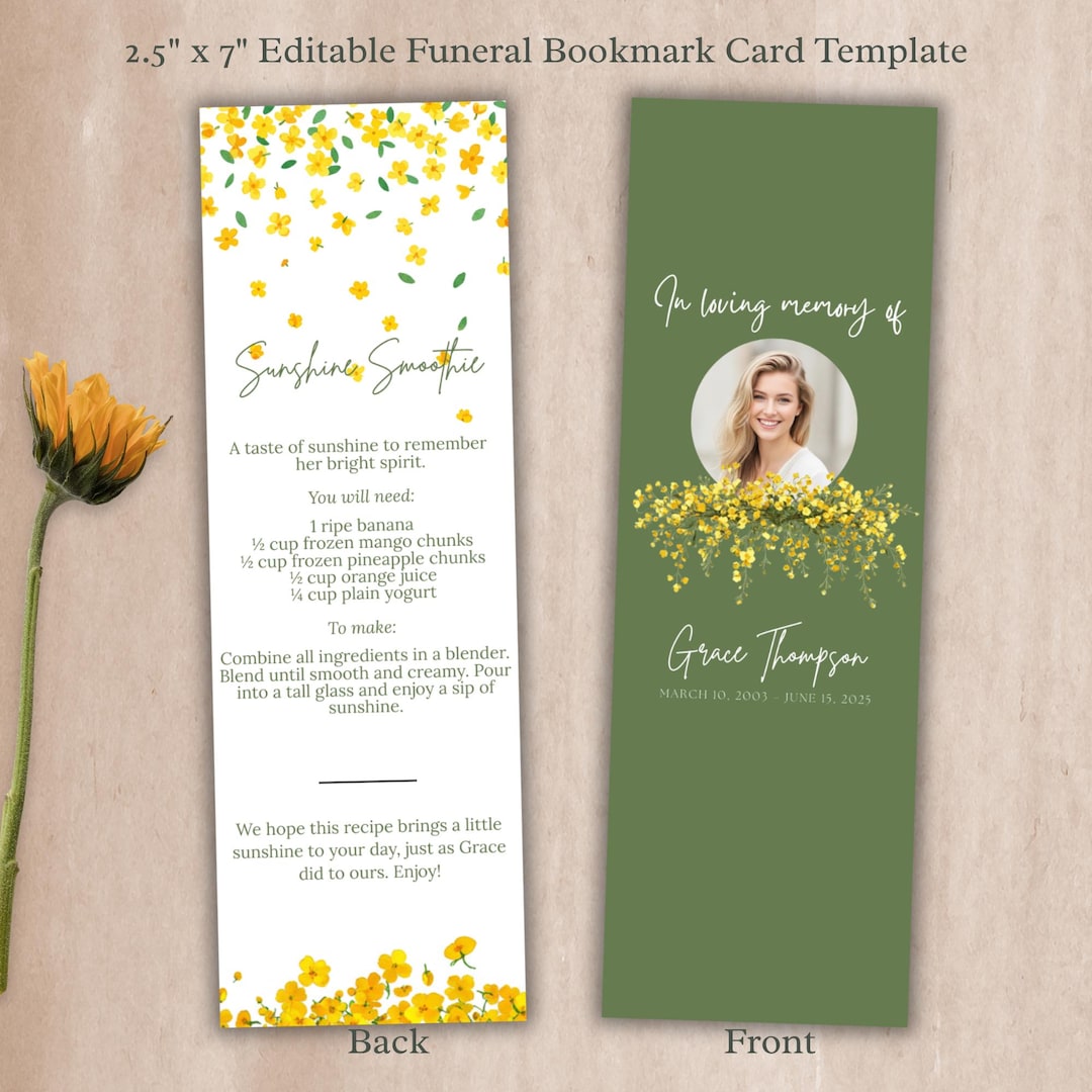Sunshine Memorial Recipe Bookmark Template (canva Editable, 2.5x7 ...