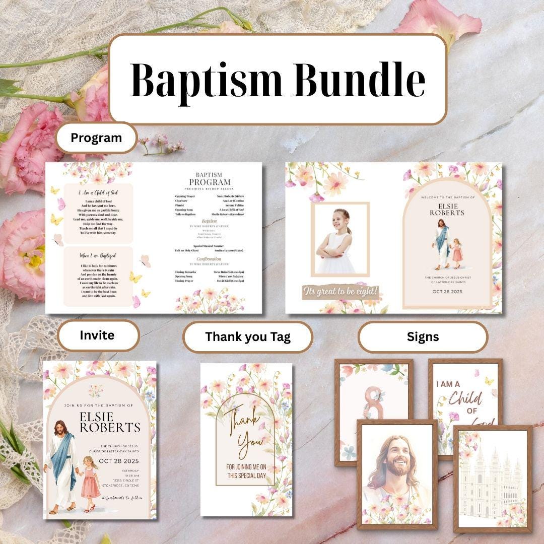 LDS Girl Baptism Bundle : Invite, Program, Thank You Tags, Signs ...