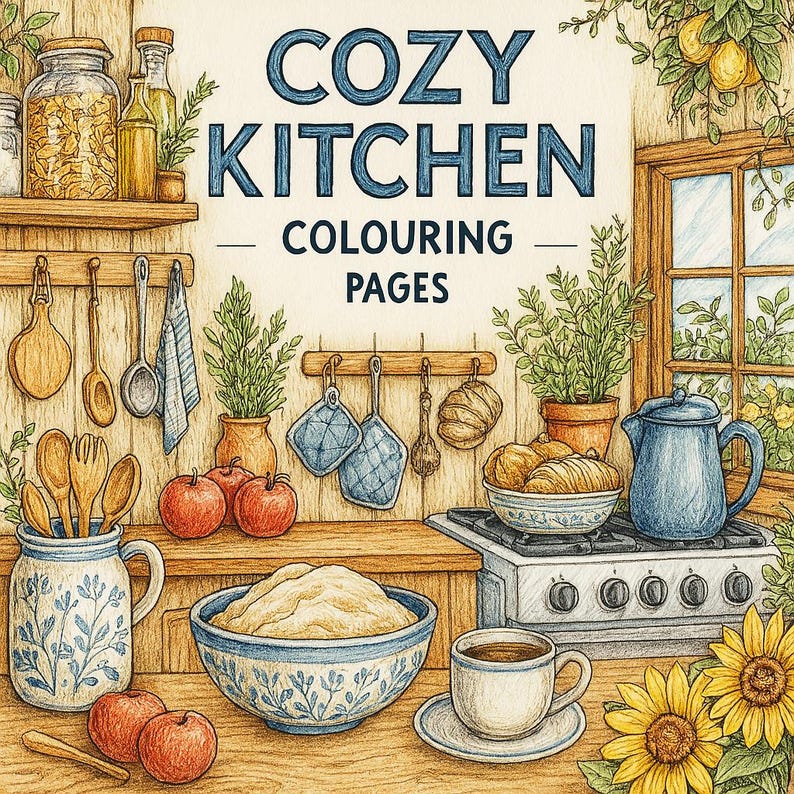 Cozy Kitchen Coloring Pages | Printable Homey Kitchen Scene | Vintage ...