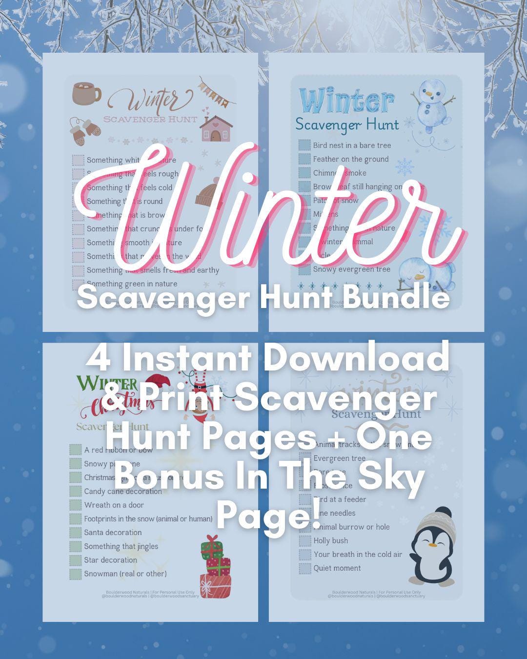 Winter Scavenger Hunt Bundle Printable for Kids | 4 Winter Nature Hunts ...