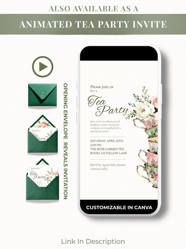 Tea Party Invitation Template, Editable Canva Invite, Floral Teacup ...