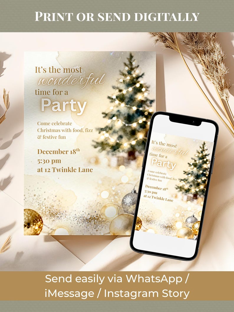 Sparkle Christmas Party Invitation - Printable Festive Watercolor ...