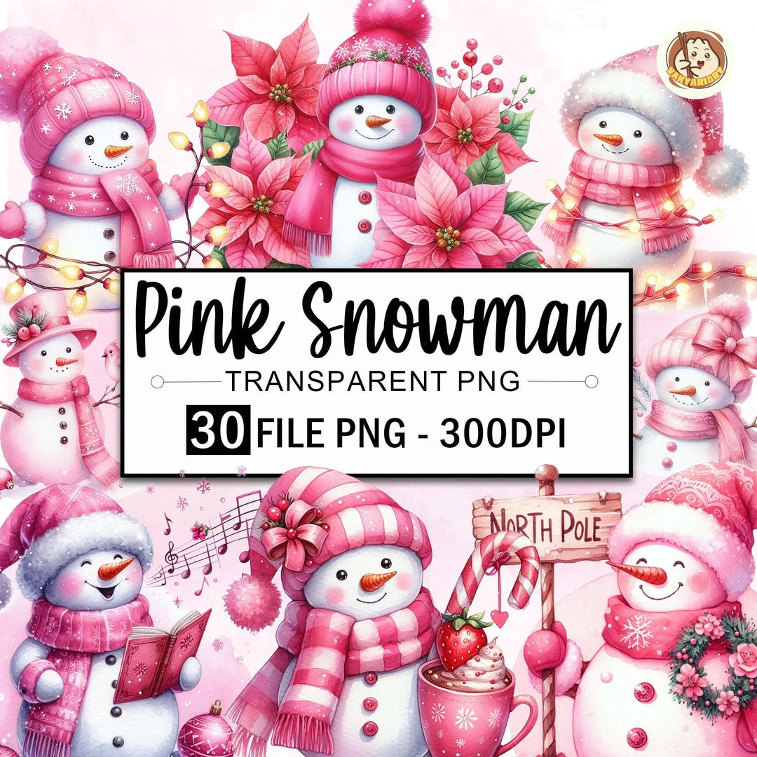 Watercolor Pink Snowman Clipart, 30 PNG Festive Snowman Clipart, Cute ...