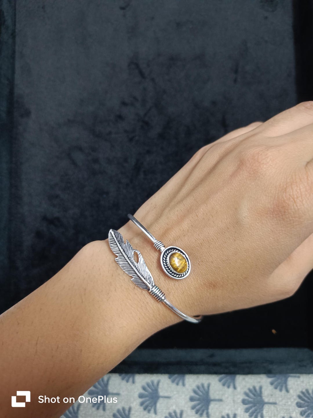 Tiger Eye Sterling Silver Bangle, Feather Cuff, Gemstone Jewelry - Etsy