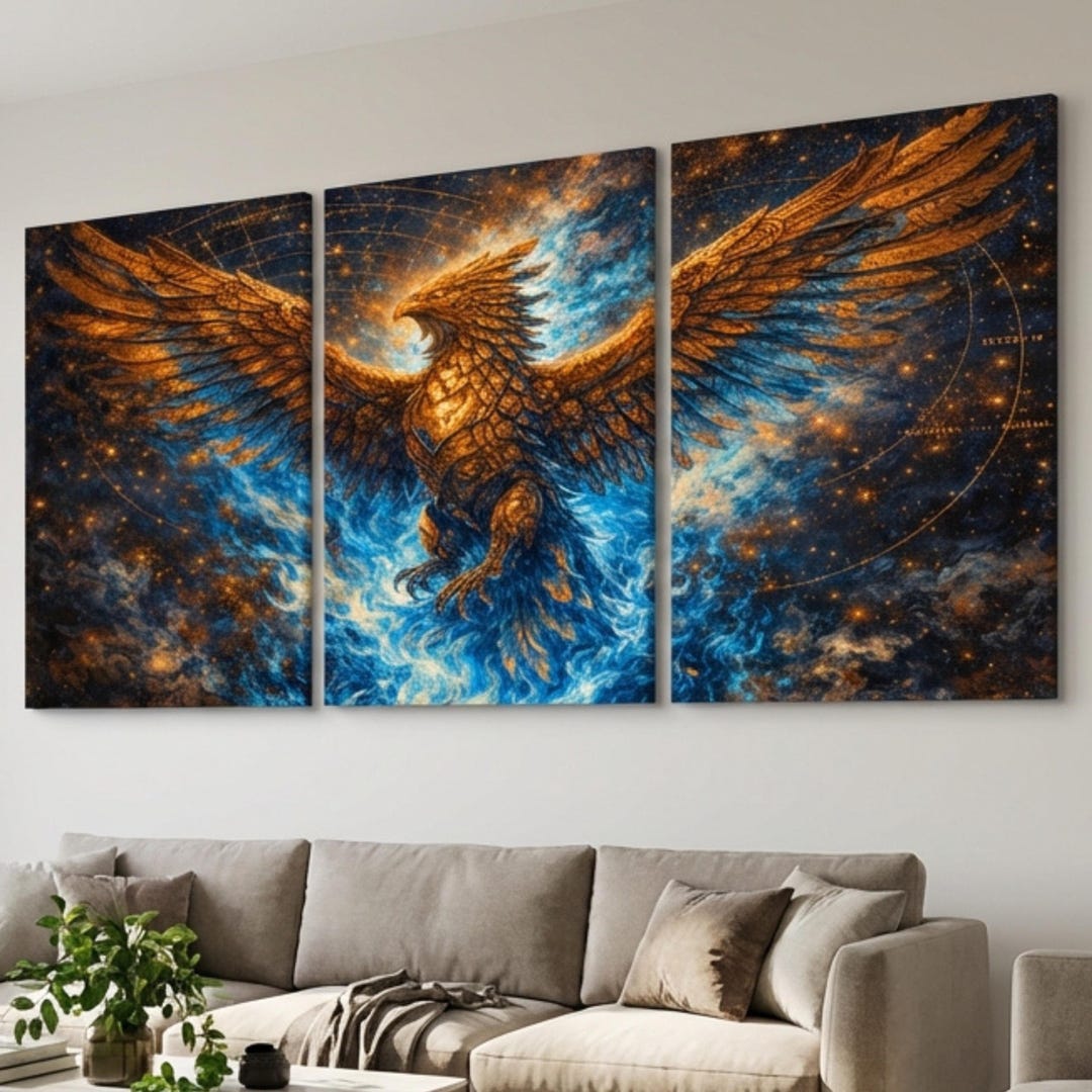 Mechanical Phoenix XXL Wall Art Triptych Set – Gold & Cosmos, Steampunk ...