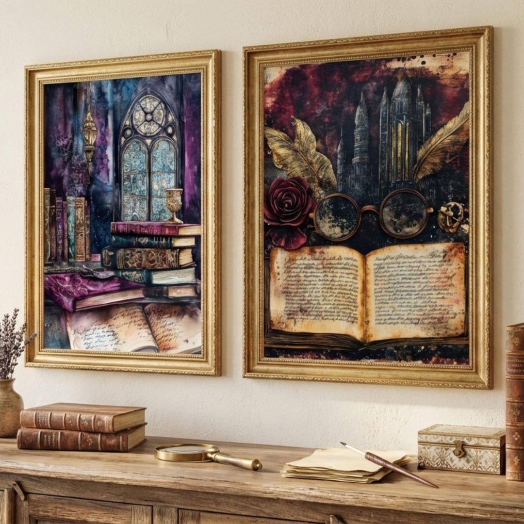 Dark Academia Poster Set – Magical Library Wall Art Duo, Wizard's ...