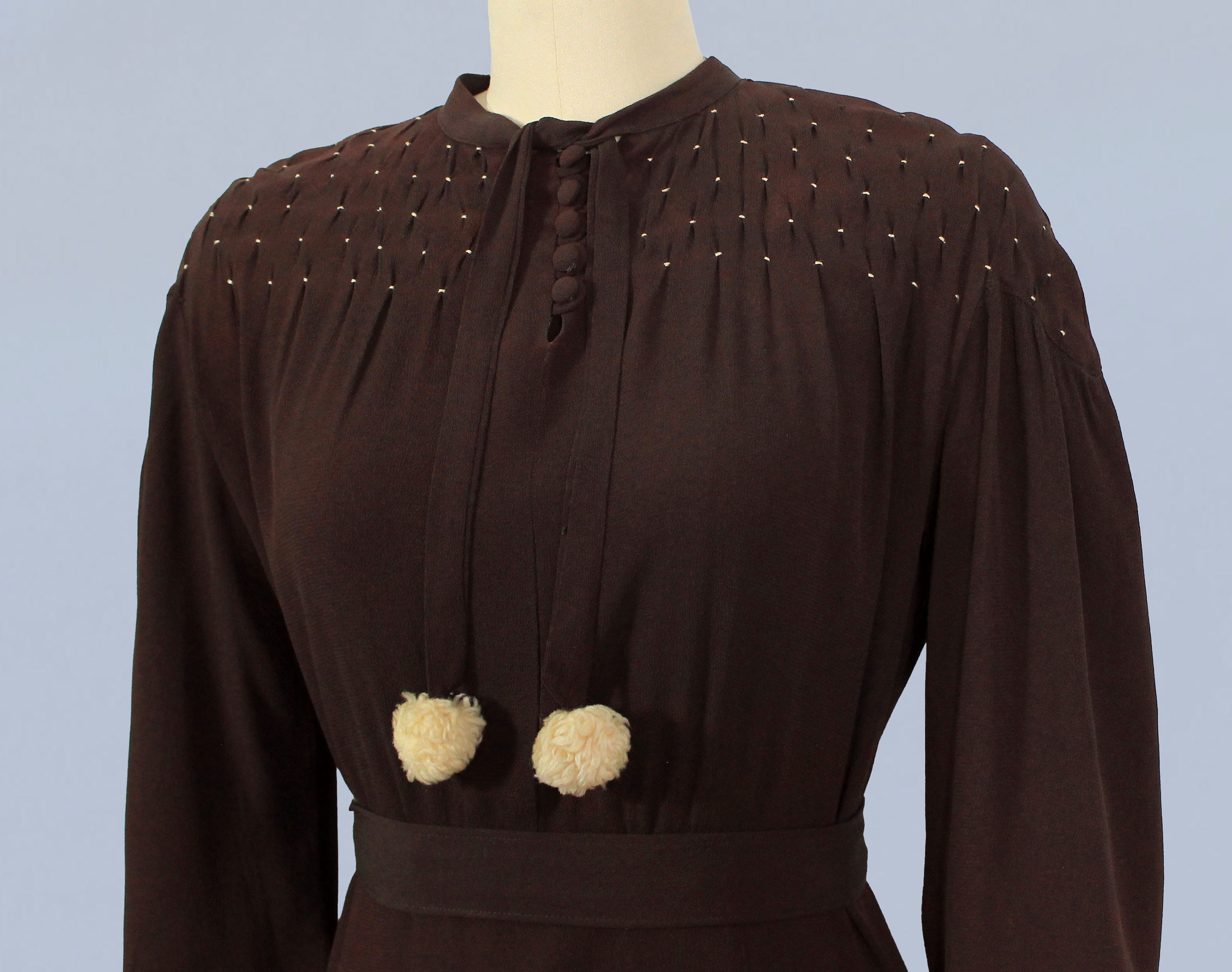 1930s Dress / 30s Smocked Crepe Peasant Dress / Bishop Sleeves / Pom ...