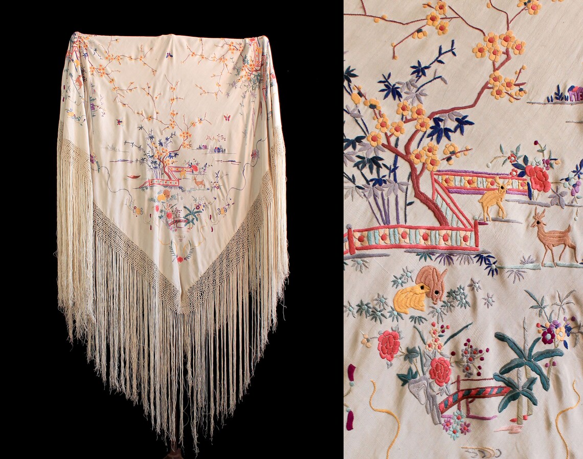 Antique Silk Piano Shawl / Figural Woodland Animals / Embroidered Bunny ...