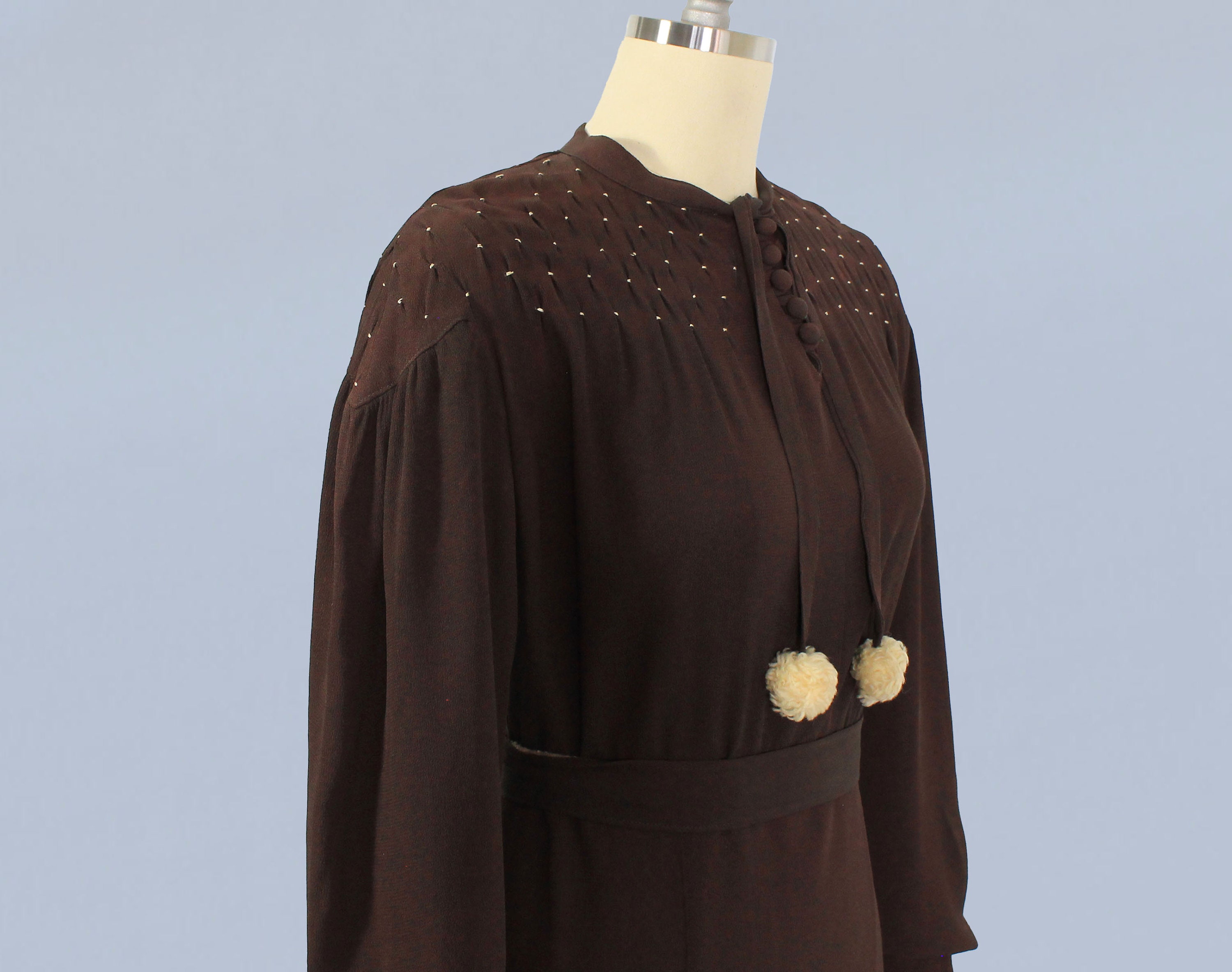 1930s Dress / 30s Smocked Crepe Peasant Dress / Bishop Sleeves / Pom ...