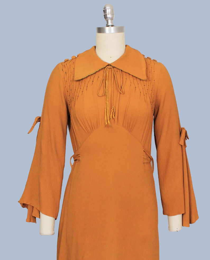 1930s Dress / 30s Smocked Crepe Peasant Dress / Angel Sleeves / Yellow ...