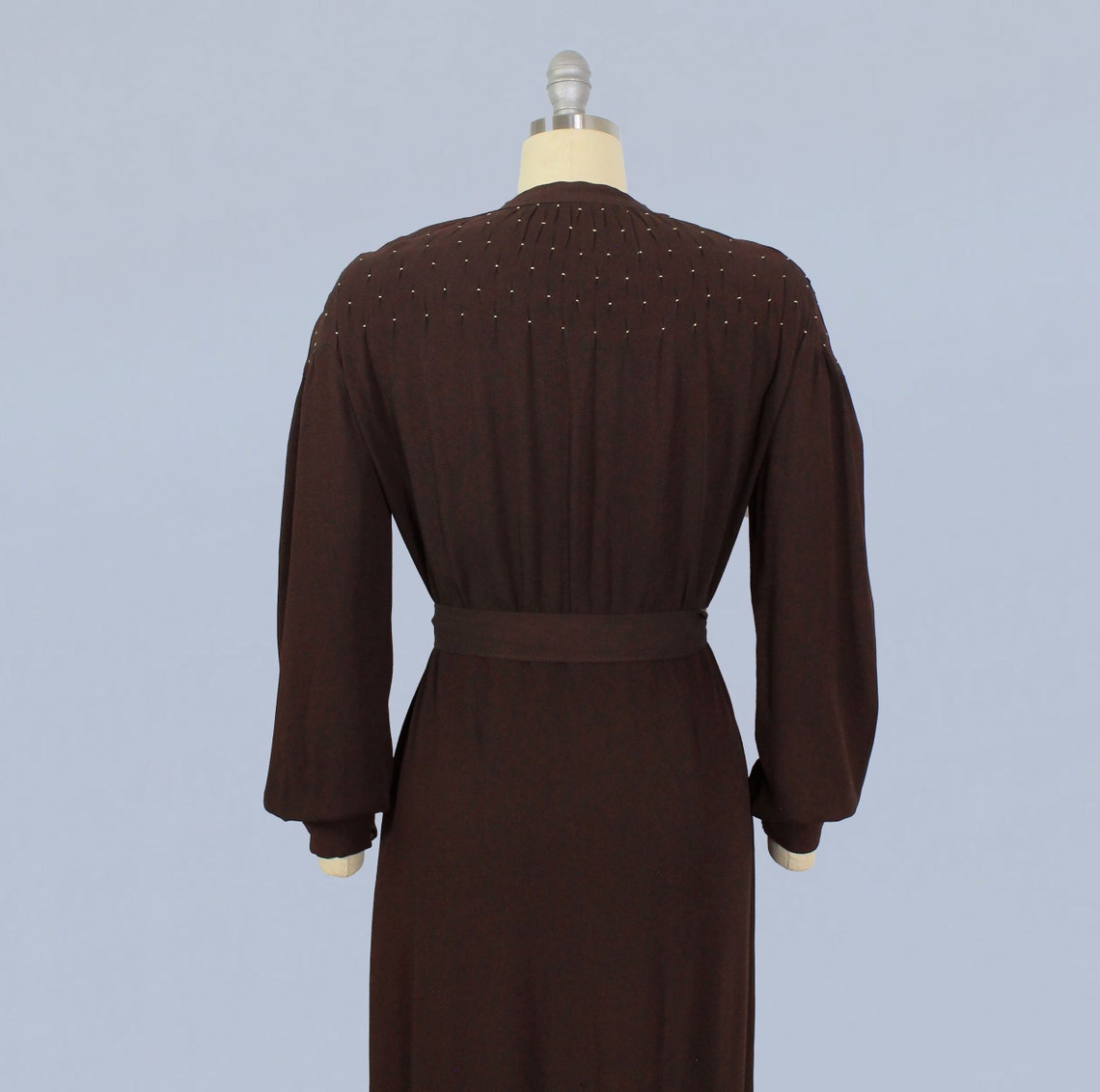 1930s Dress / 30s Smocked Crepe Peasant Dress / Bishop Sleeves / Pom ...