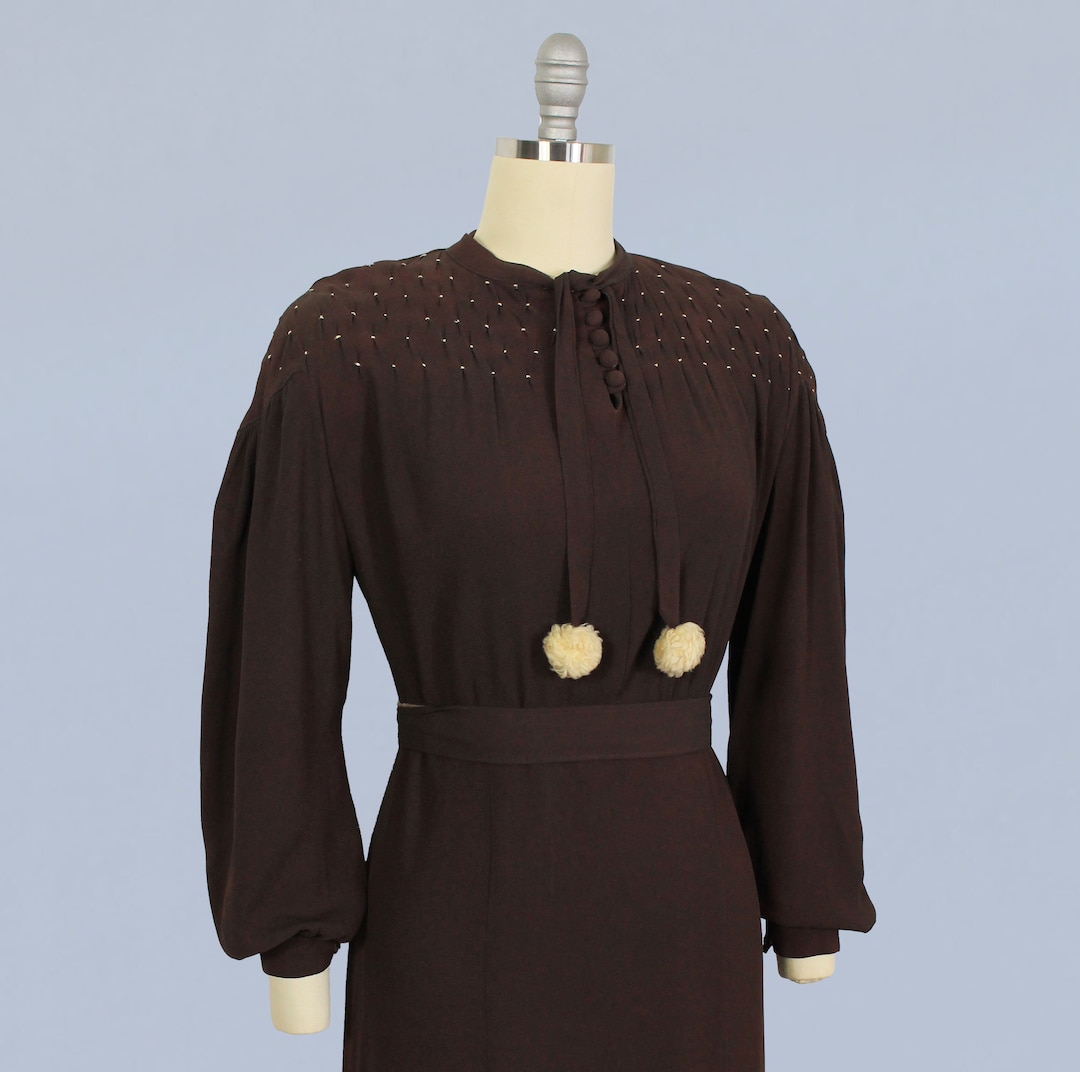 1930s Dress / 30s Smocked Crepe Peasant Dress / Bishop Sleeves / Pom ...
