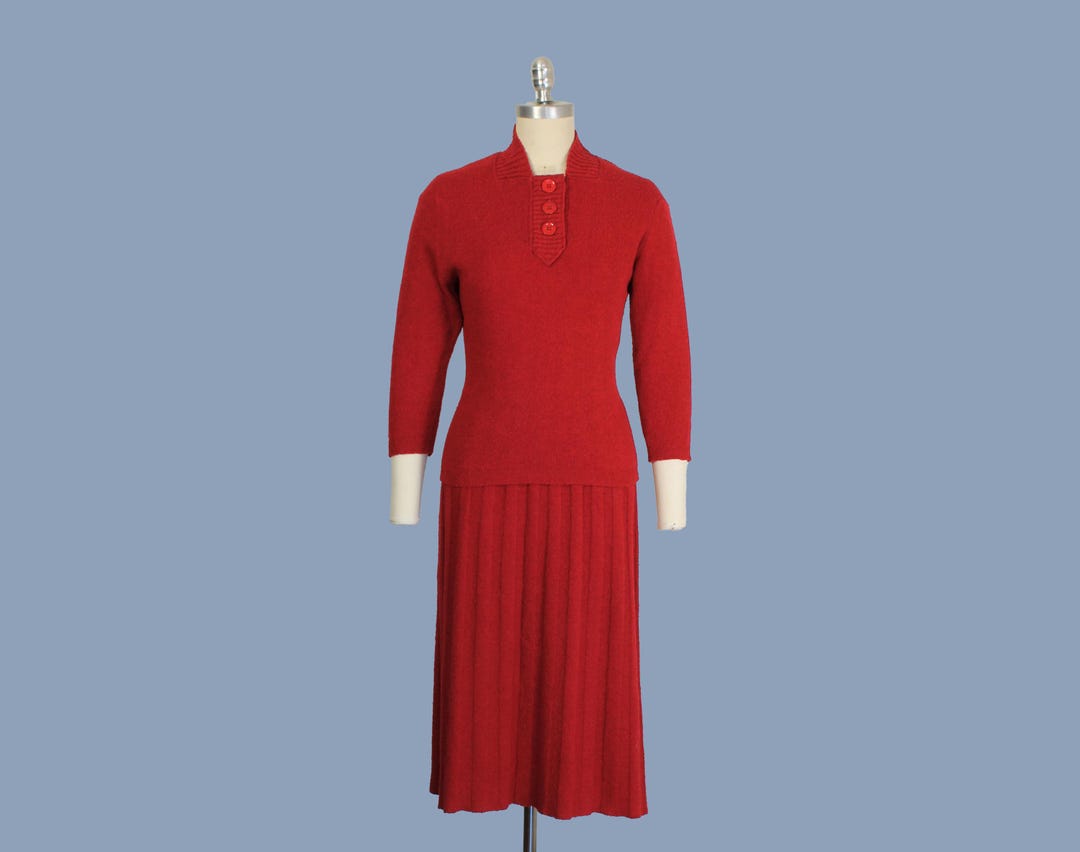 1940s Dress / 40s Red Knit Skirt and Sweater Set / Kimberly Knitwear - Etsy