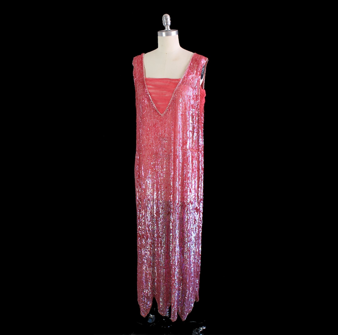 1920s Dress / Hot Pink SEQUIN Encrusted Flapper Dress / Authentic 20s ...