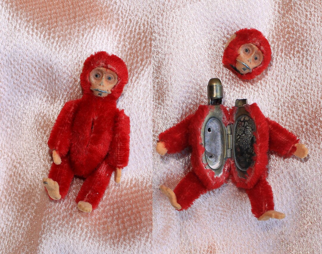 Rare! 1920s Makeup Compact / Red Mohair MONKEY Doll/ Removable Head ...