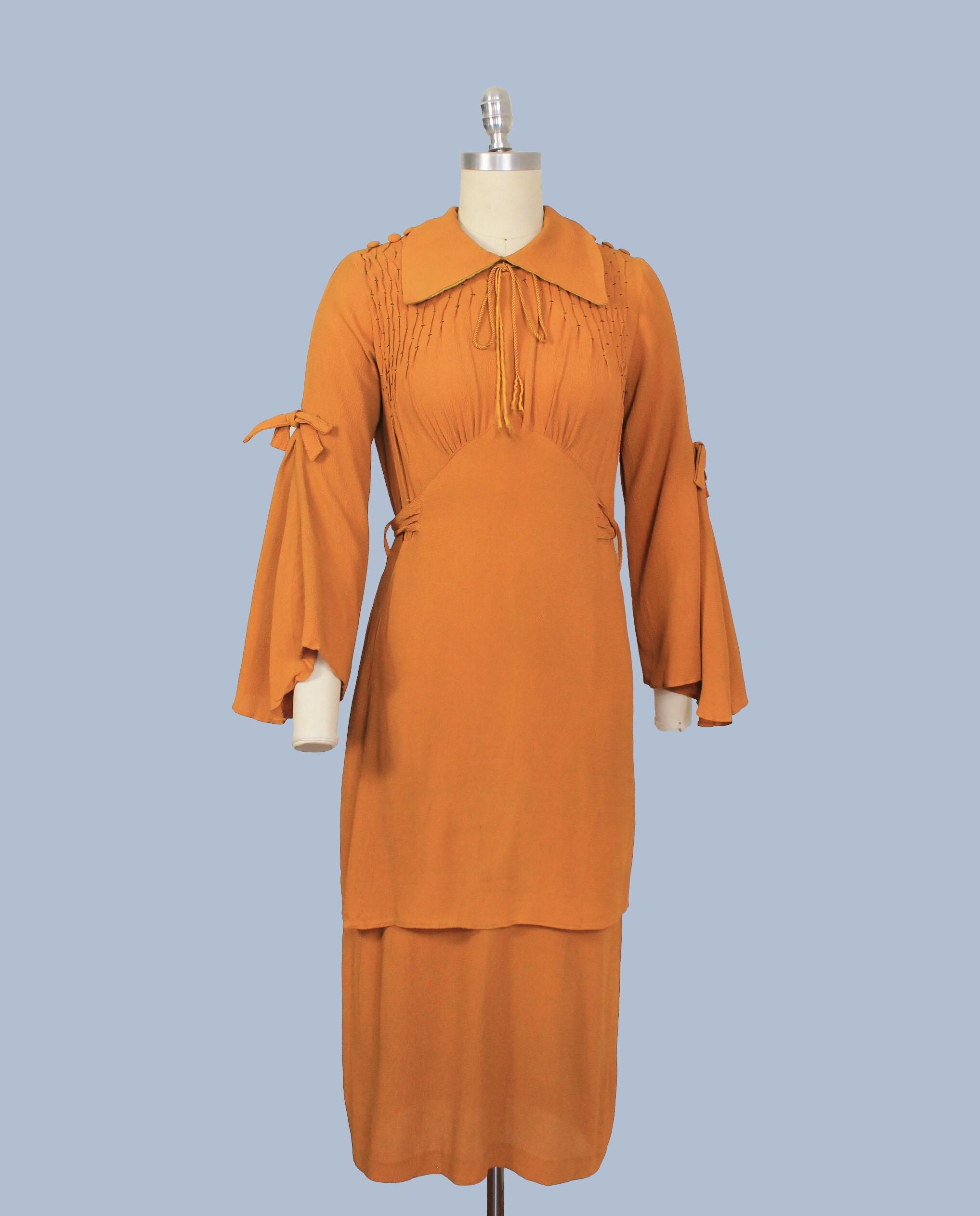 1930s Dress / 30s Smocked Crepe Peasant Dress / Angel Sleeves / Yellow ...