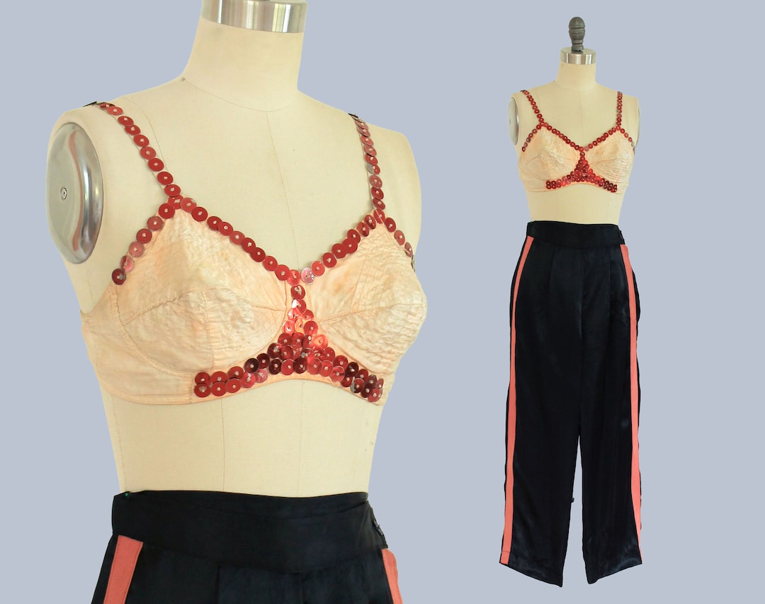 1940s Stage Outfit / 30s 40s Sequined Bra Top and Satin Trouser Set ...