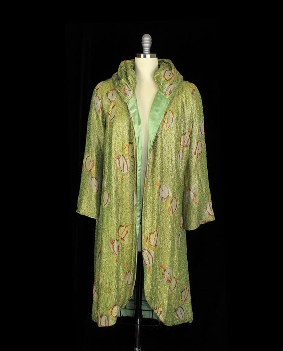 1920s Flapper Coat / 20s GREEN Floral Metallic Lamé C… - Gem