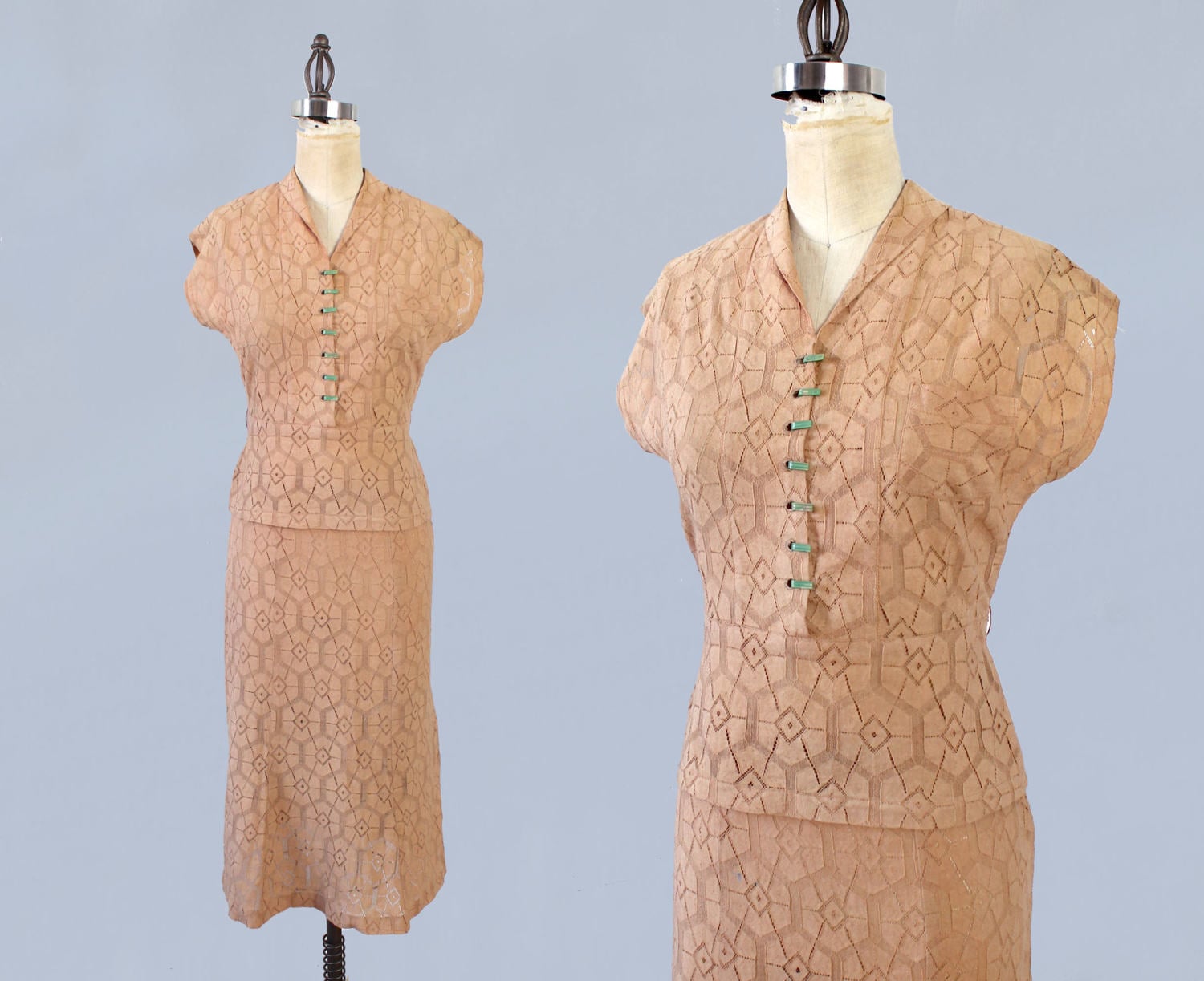 RARE 1930s Suit! / 30s Two Piece Lace Suit Dress / Deco Green Buttons ...