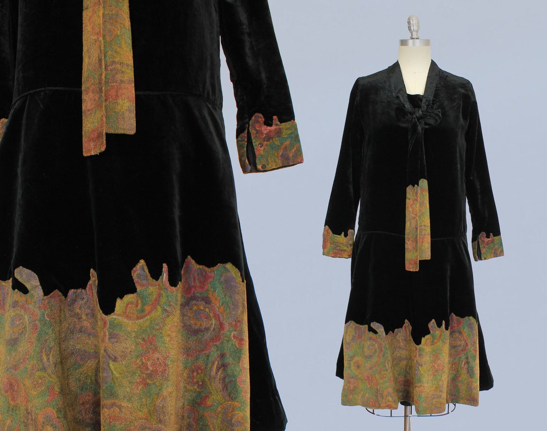 1920s Dress / 20s Metallic Lame and Black Cotton Velvet Dress ...