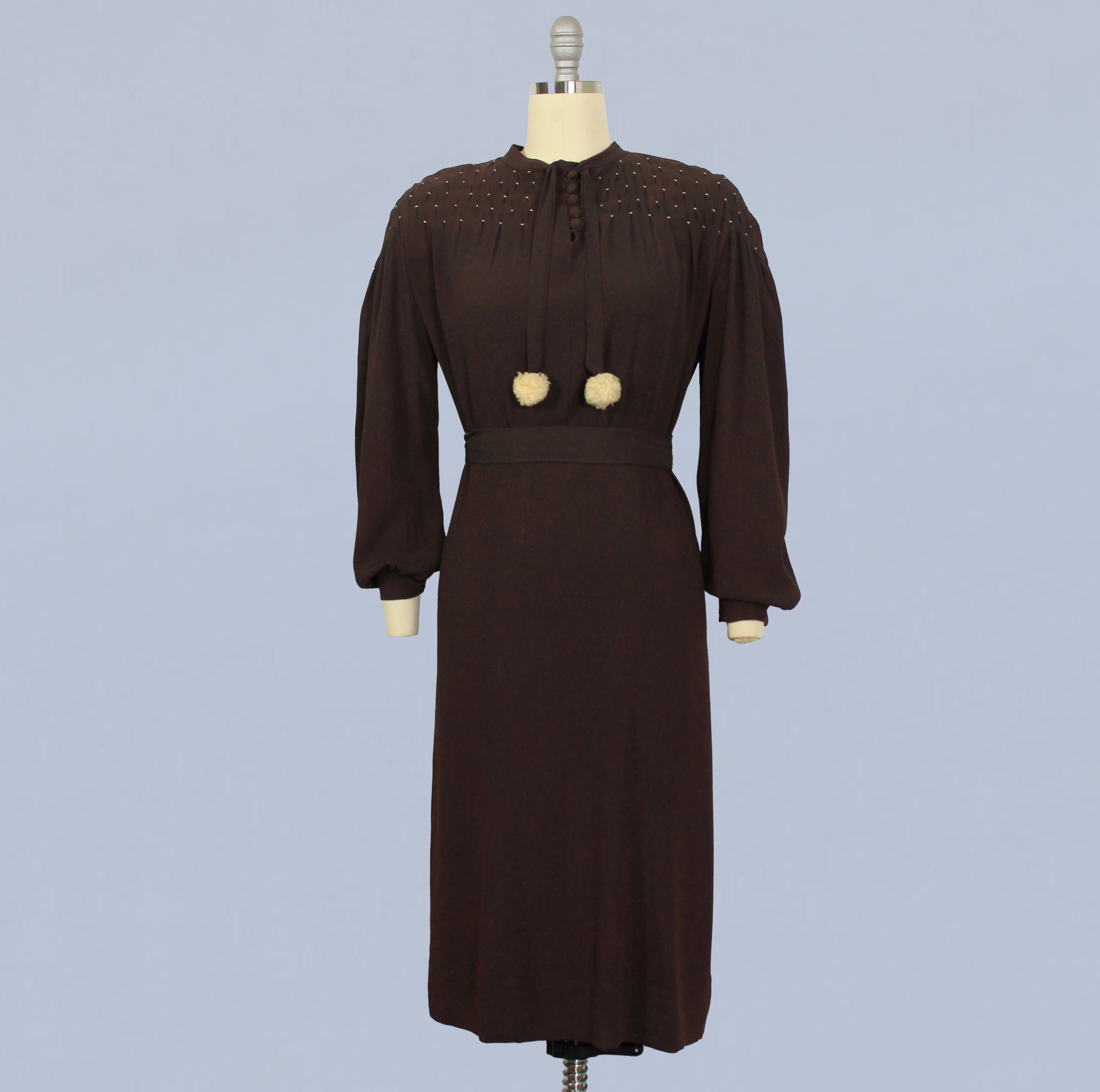 1930s Dress / 30s Smocked Crepe Peasant Dress / Bishop Sleeves / Pom ...