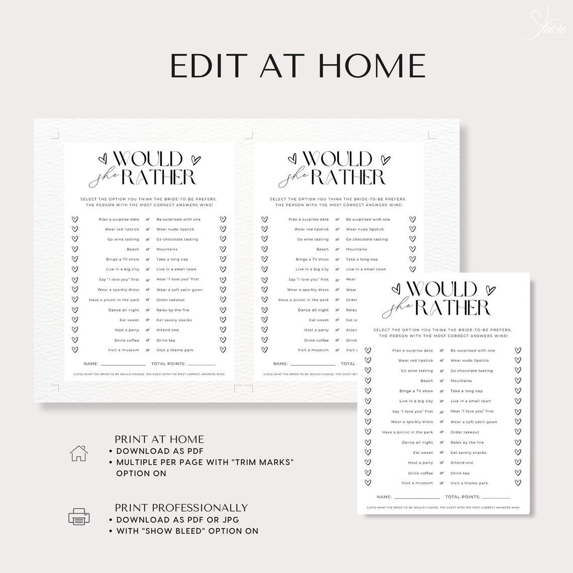Would She Rather Bridal Shower Game Template, Fun Printable Modern ...