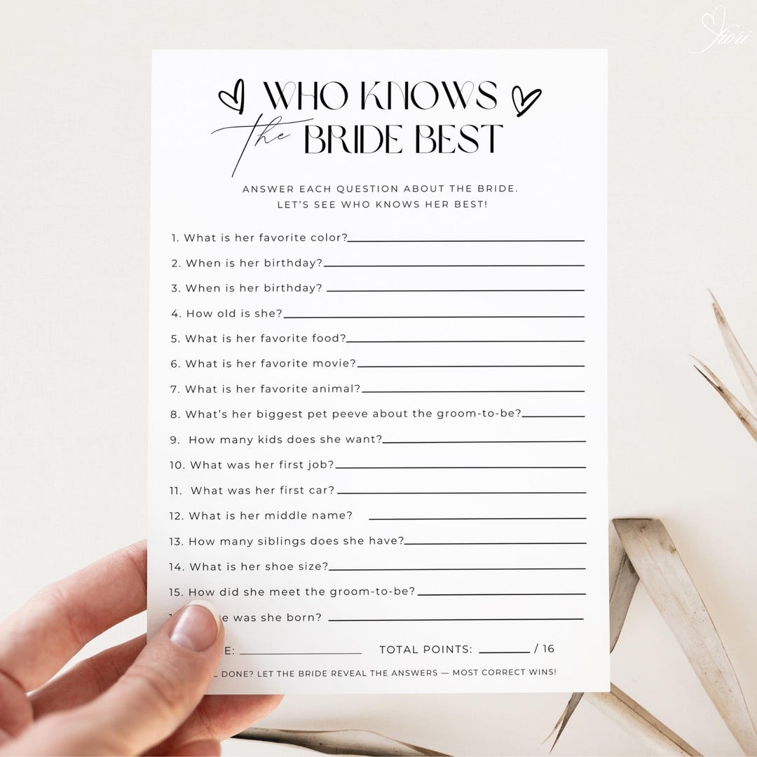 Who Knows the Bride Best Game, Bridal Shower Game Printable, How Well ...