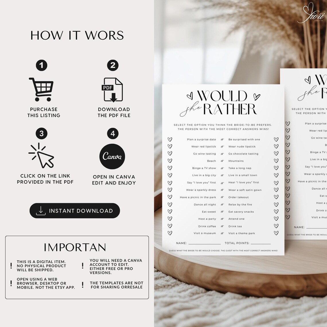 Would She Rather Bridal Shower Game Template, Fun Printable Modern ...