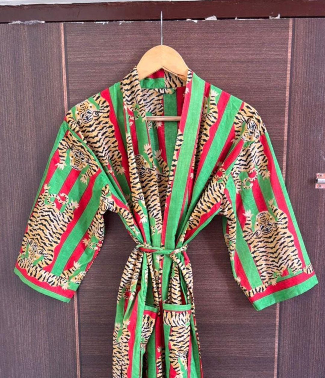Tiger Print Cotton Robe – Red & Green Striped Kimono, One Size - Etsy