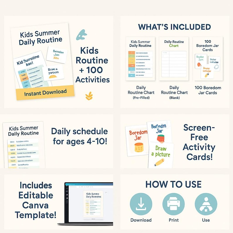 Kids Routine Chart & Boredom Jar Printable | Summer Daily Schedule ...