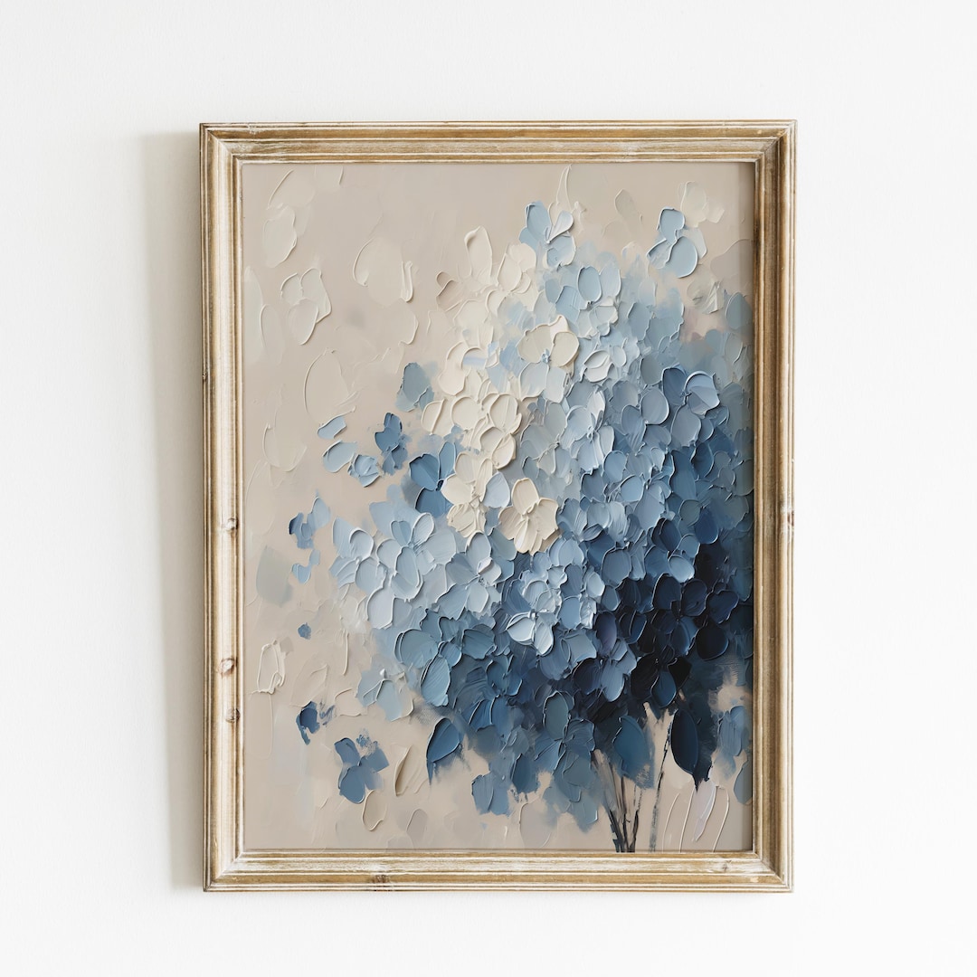 Abstract Blue Hydrangea Print, Textured Floral, Modern Botanical ...