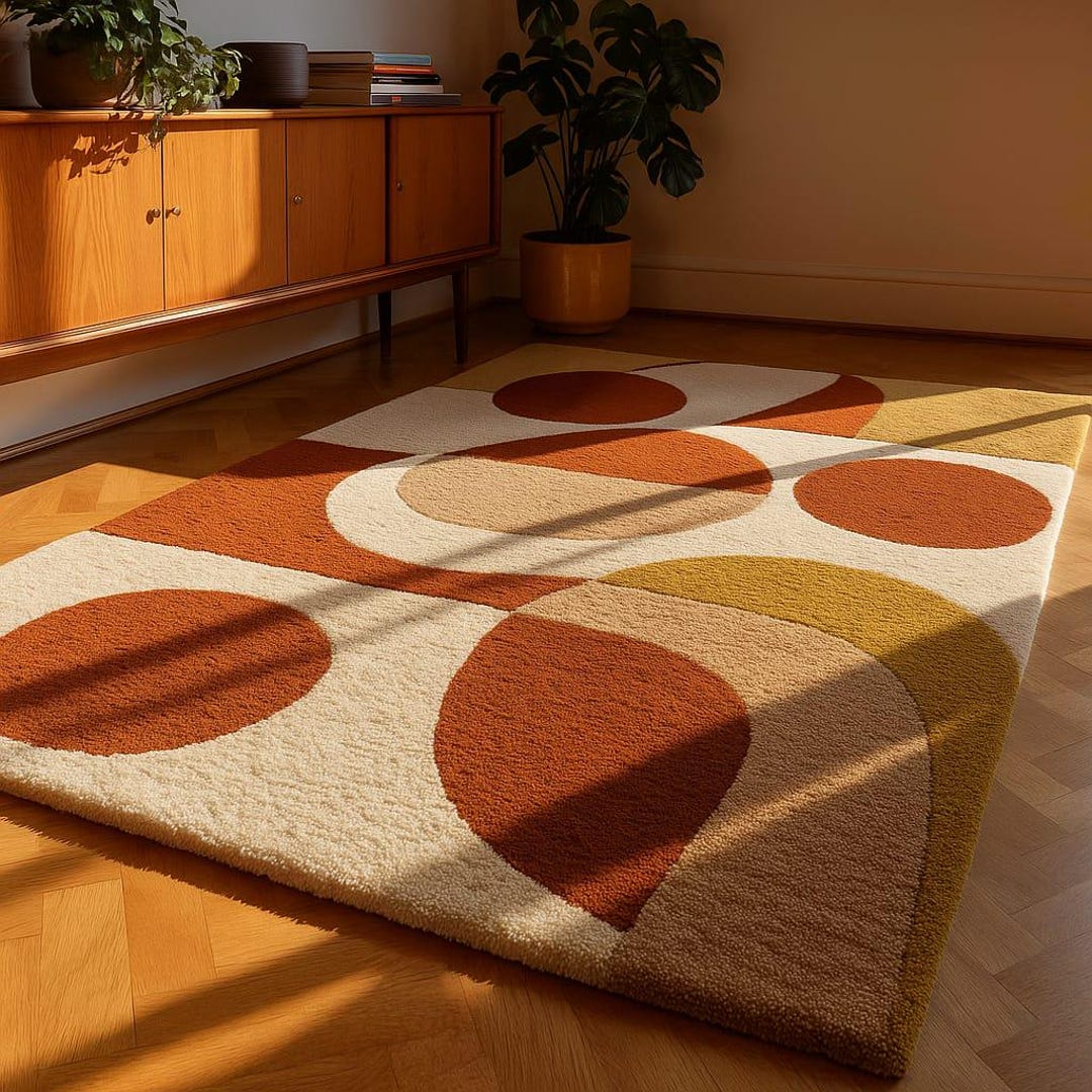 Mid-century Modern Geometric Wool Rug – Retro Abstract Green & Orange ...