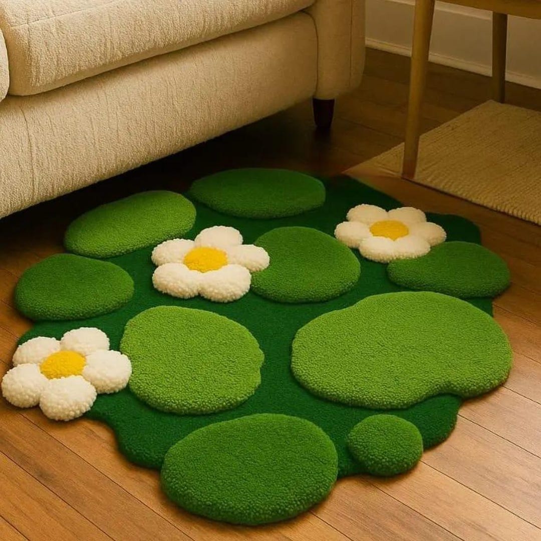 Handmade Tufted Daisy Rug: Moss Green Wildflower Meadow - Etsy
