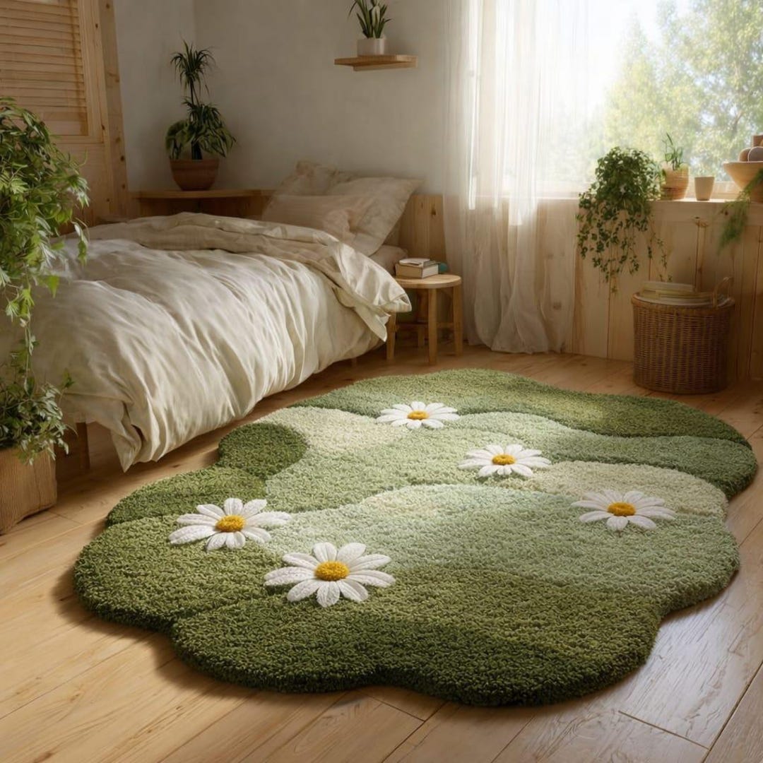 Handmade Tufted Daisy Rug: Moss Green Wildflower Meadow - Etsy