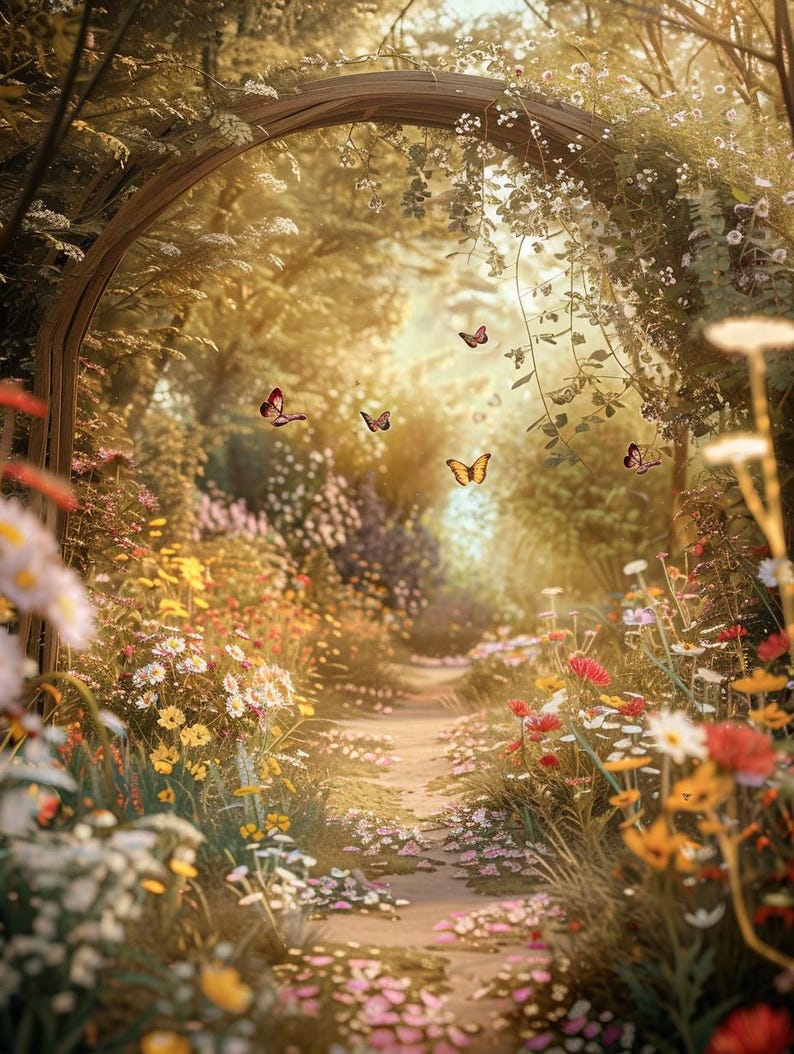 Boho Cottagecore Garden Pathway Floral Arch With Butterflies Wall Art ...
