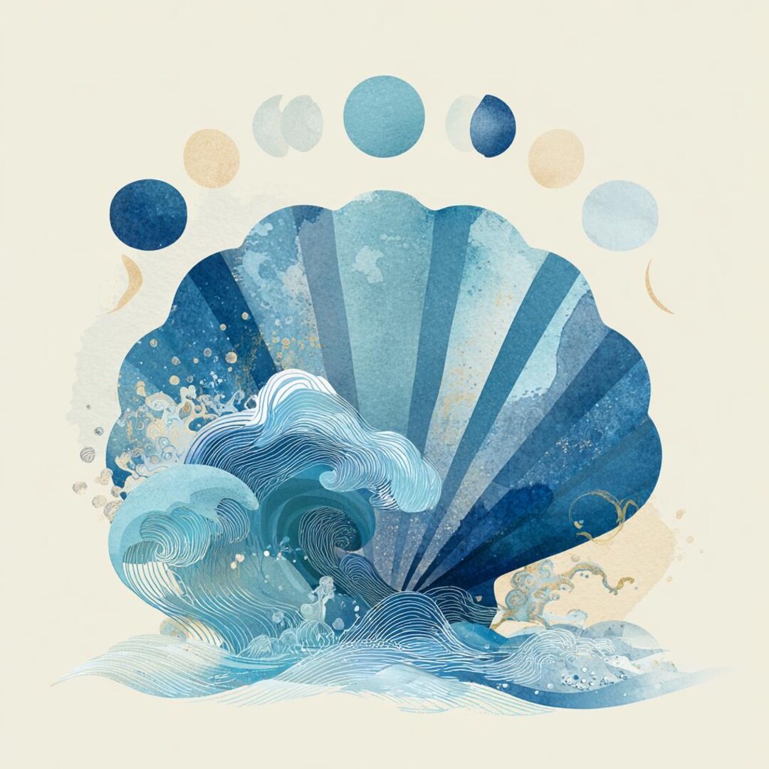 Cancer Zodiac Wall Art – Boho Water Element Printable, Moon Phase Shell ...