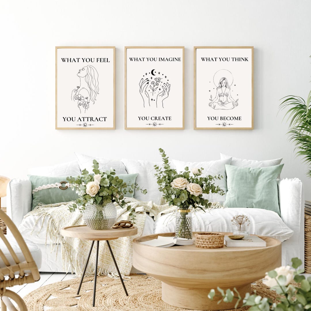 Set of 3 Line Art Prints | Boho Spiritual Wall Art | Positive ...