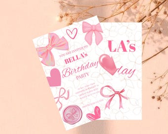 Pink Bow Birthday Invitation Template: Editable Girl Party Invite ...