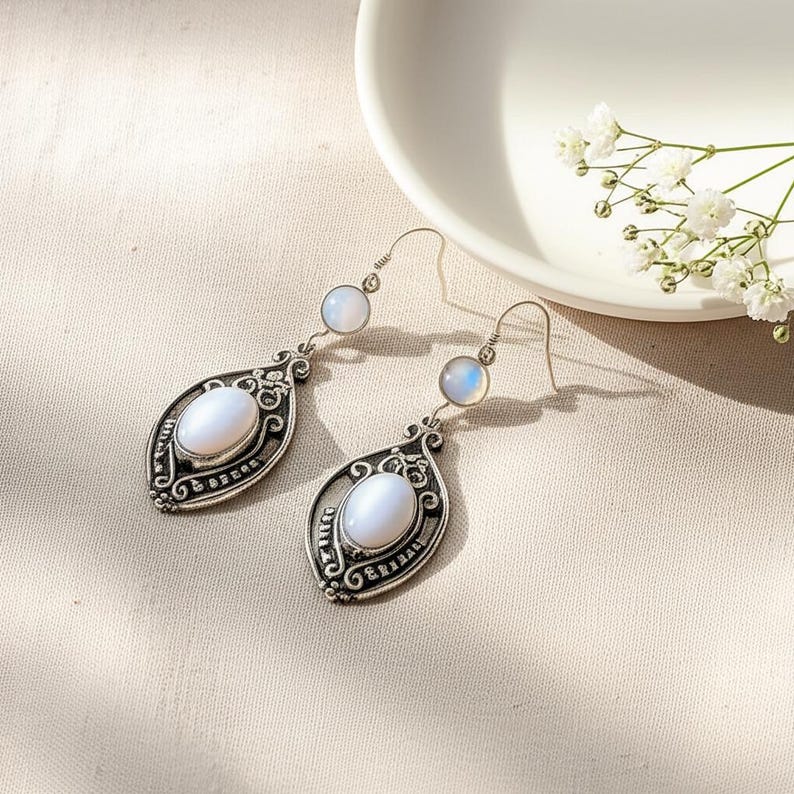 Buy White Opal Dangle Earrings | Filigree Drop | Oval & Round Cabochons ...