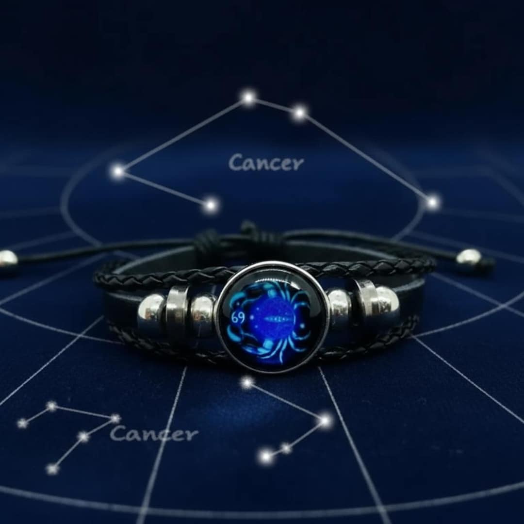 Cancer Zodiac Leather Bracelet, Black Braided Wrap With Round Crab ...