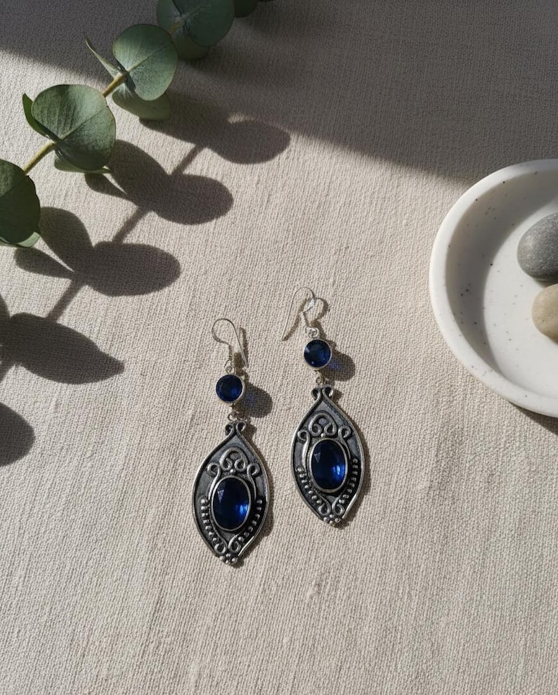 Buy Blue Sapphire Dangle Earrings | Sterling Silver Filigree Drop ...