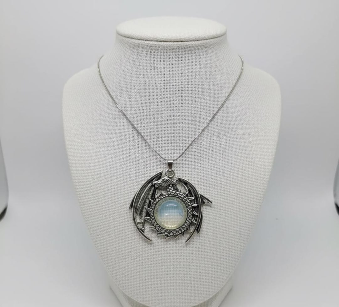 Lab Certified Moonstone Dragon Pendant, Silver Tone Winged Dragon Charm ...