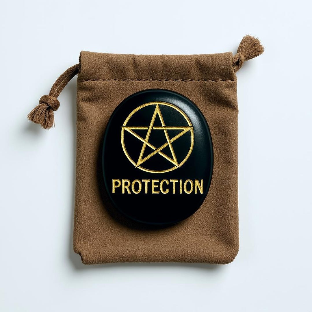 Golden Pentagram Protection Palm Stone — Engraved Black Crystal ...